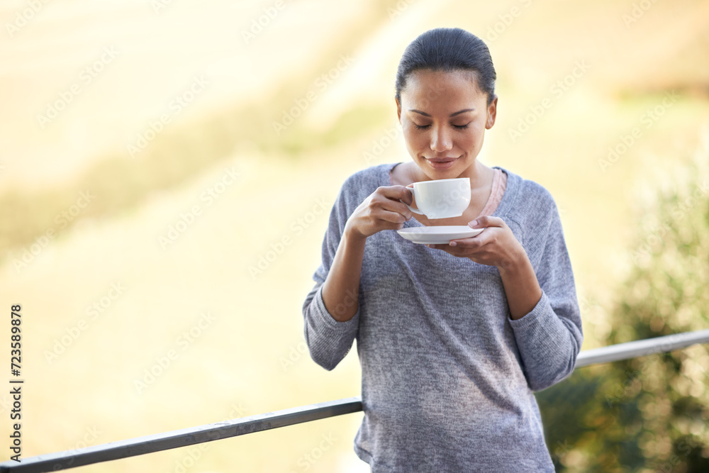 Woman, coffee and relax on balcony outdoor, aroma and warm beverage ...