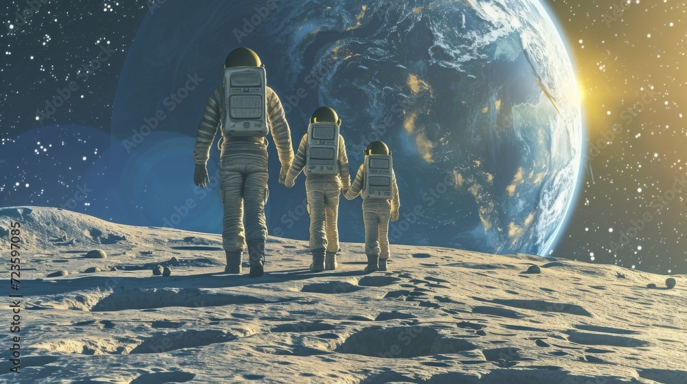 A digital illustration of a joyful family wearing space suits, walking ...