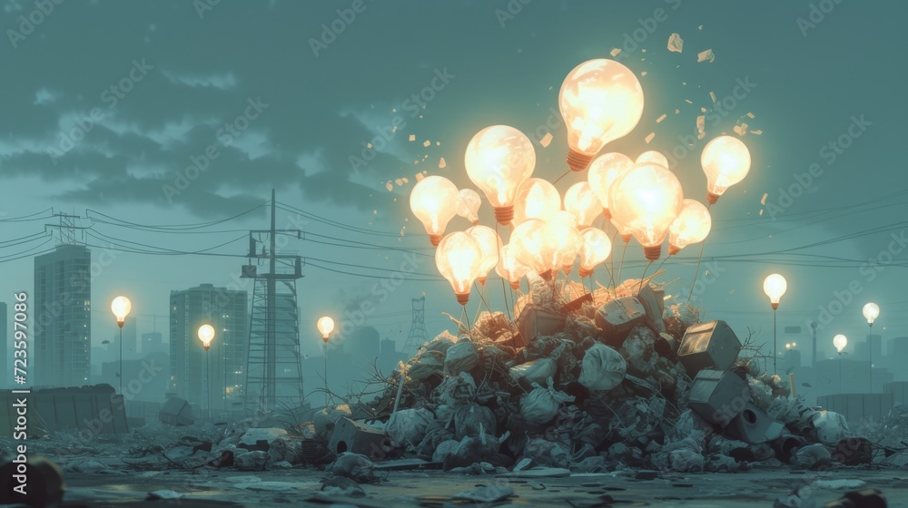 A digital illustration of a pile of garbage gradually morphing into a ...