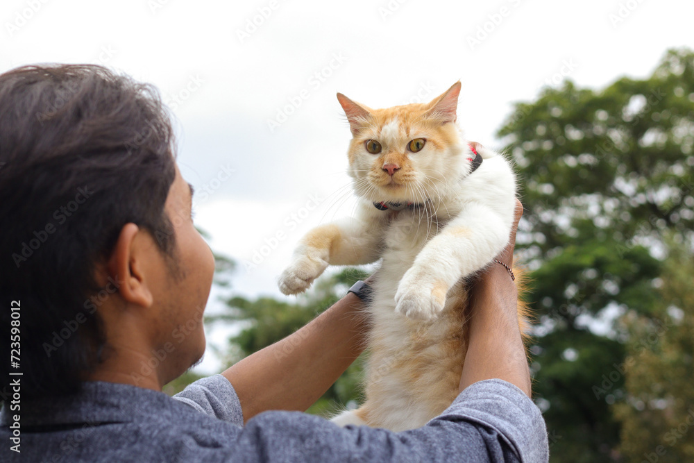 Outdoor portrait of Asian man holding and giving gentle touch to cat ...