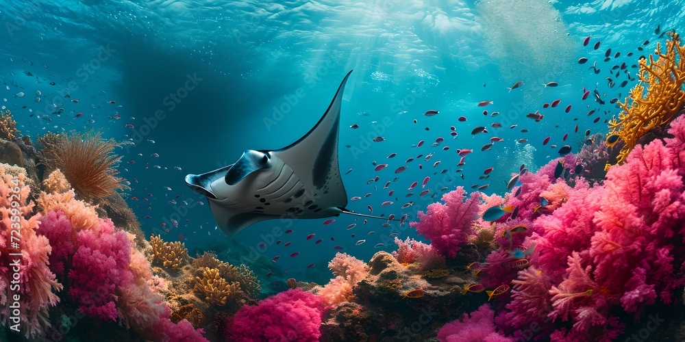 Majestic manta ray swimming in vibrant coral reef. underwater ecosystem ...