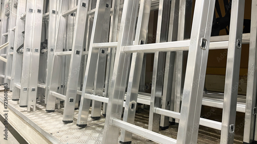 Aluminum stairs in the store, Stairs of ladder for construction in shop ...