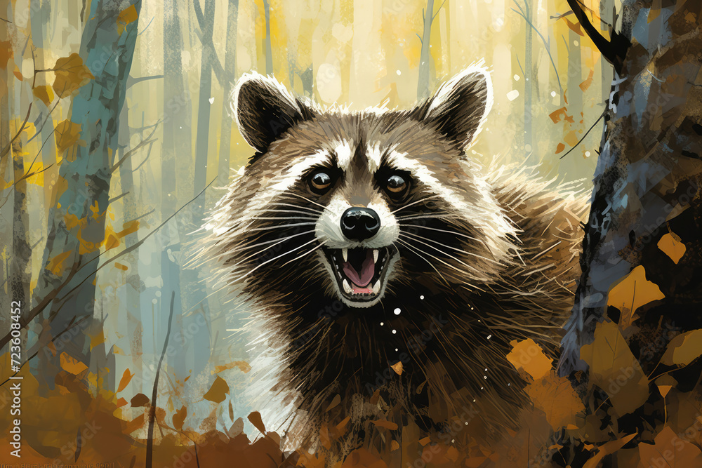 Illustration of a single, drooling raccoon with a crazed look, standing ...