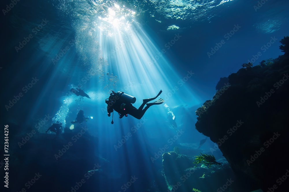 Deep sea diver Diving under the sea where there are many fish ...