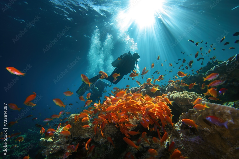 Deep sea diver Diving under the sea where there are many fish ...