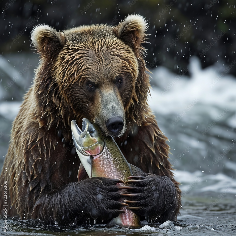 Wild Brown Bear Tenderly Holding a Freshly Caught Fish in a River ...