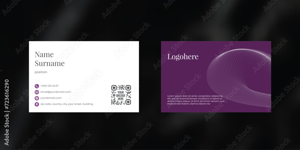 Creative vector business card design with purple background and lines ...