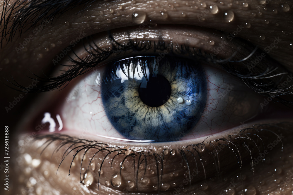 Close up of eye. Tired eyes and contact lenses. Dry eye before and ...