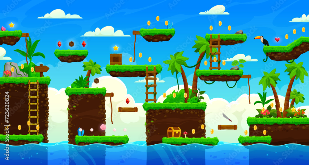 Arcade tropical island game level map, vector interface with palms and ...