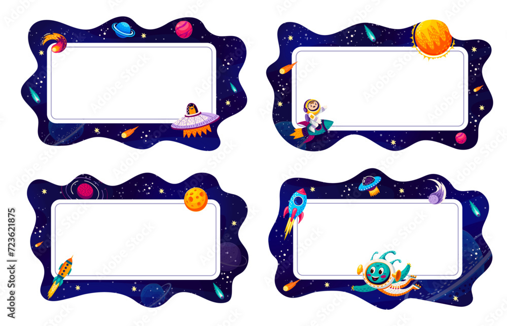 Cartoon frames with galaxy space landscape and funny characters of kid ...