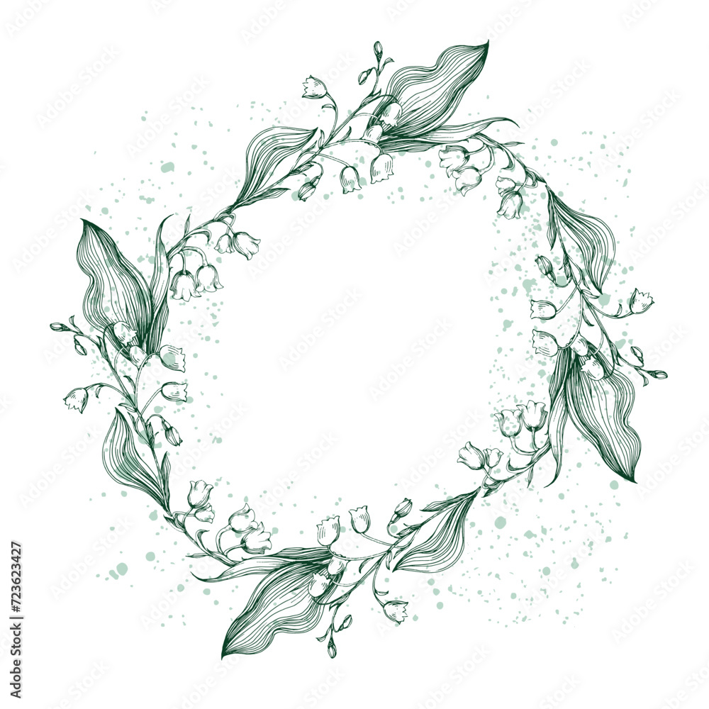 Flower circle frame. Hand drawn round line border, leaves and flowers ...