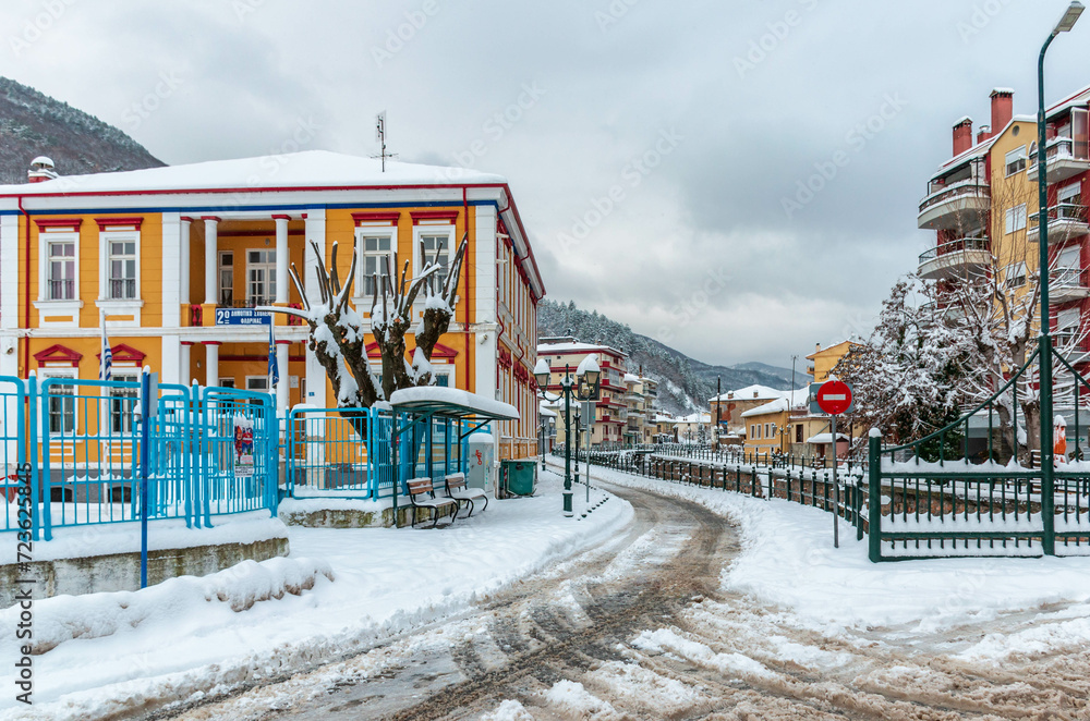 City of Florina and Sakoulevas river. Τhe beautiful city of north ...
