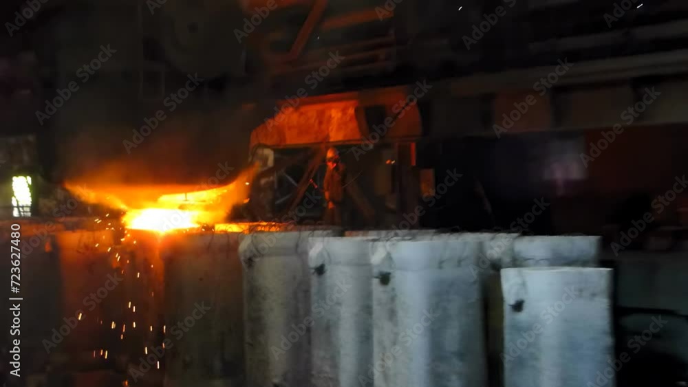 Molten metal is poured into molds. A stream of liquid steel. Metallurgy ...