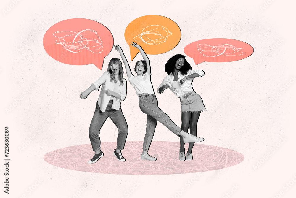 Creative collage poster picture three young girls dancing have fun ...