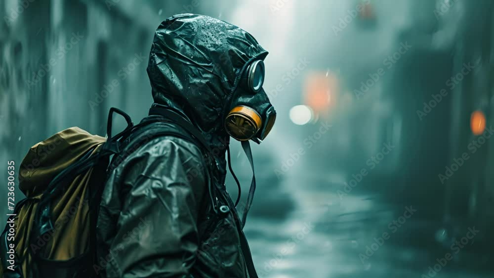 Vidéo Stock A stern, serious officer wearing a protective suit and gas ...