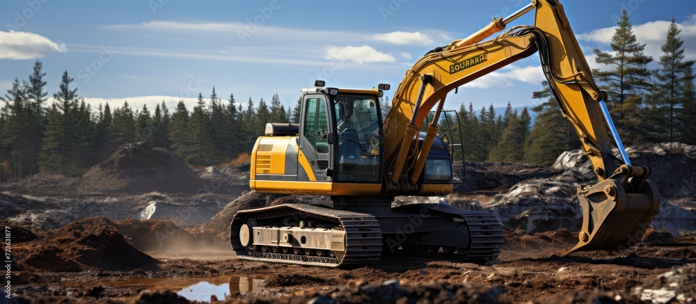 Backhoe working digging soil at construction site. Digging machine ...