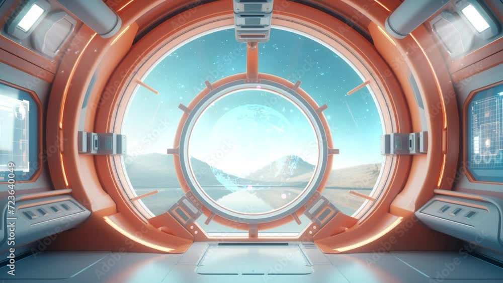 Orange and blue futuristic spaceship interior. Cyberpunk concept ...