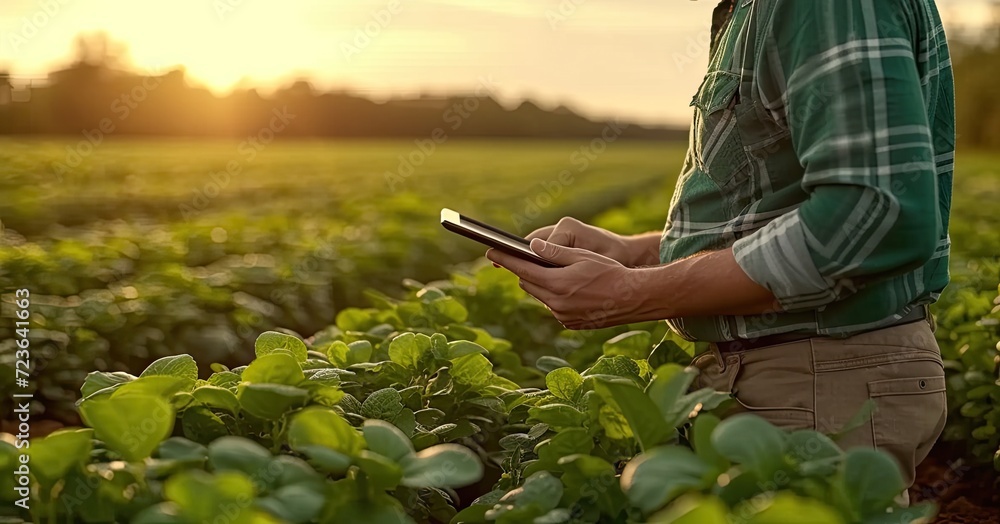 Farmer using tablet in field examining crop growth and quality. Modern ...