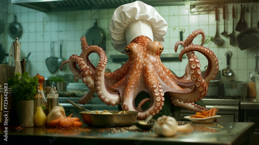 AI generated illustration of an octopus chef cooking in kitchen wearing ...
