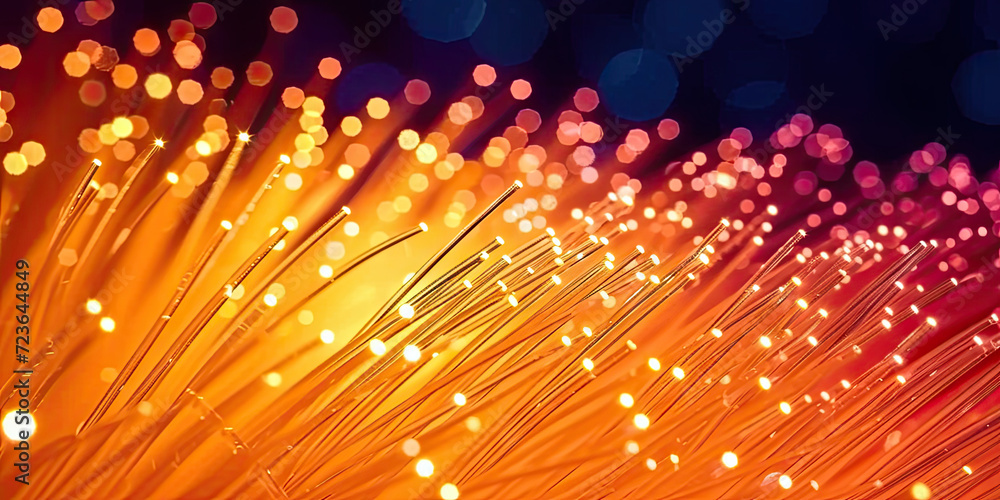 3D Rendering of abstract wire cable tunnel with digital binary data transmitting.orange Glowing ...