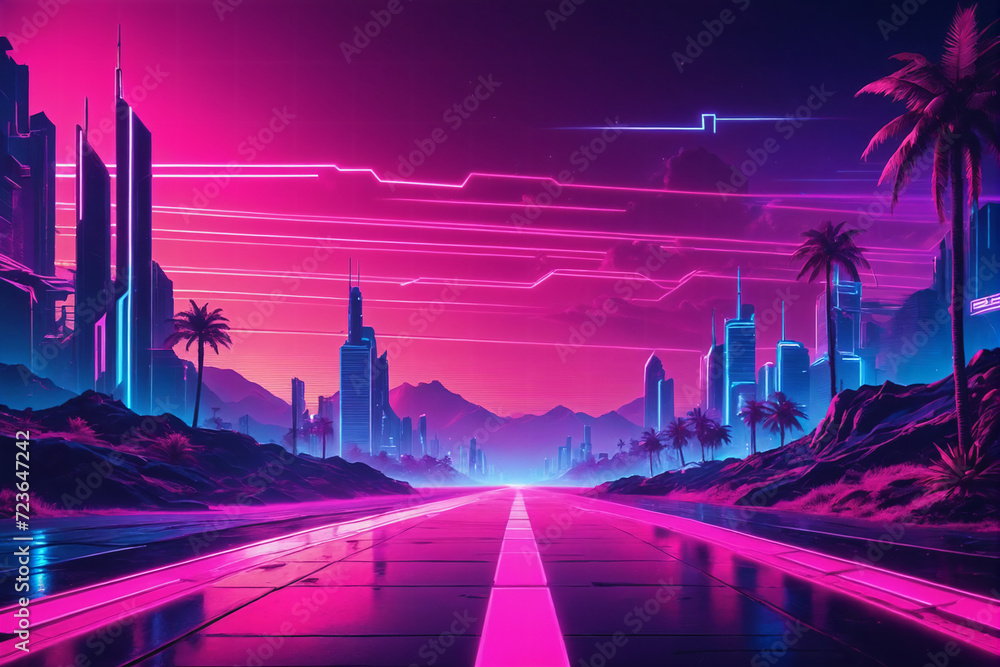 Illustration of synthwave retro cyberpunk style landscape background ...