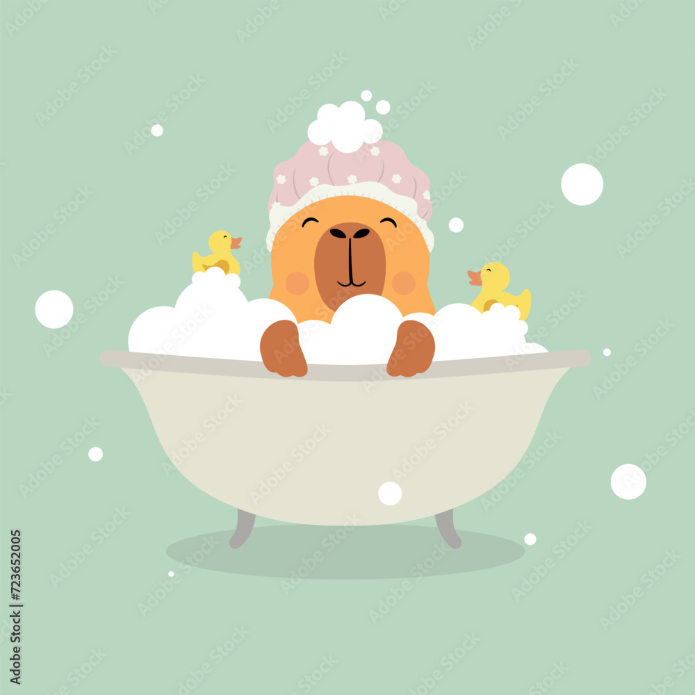 Cute Capybara with shower cap. Funny animal character takes a bath ...