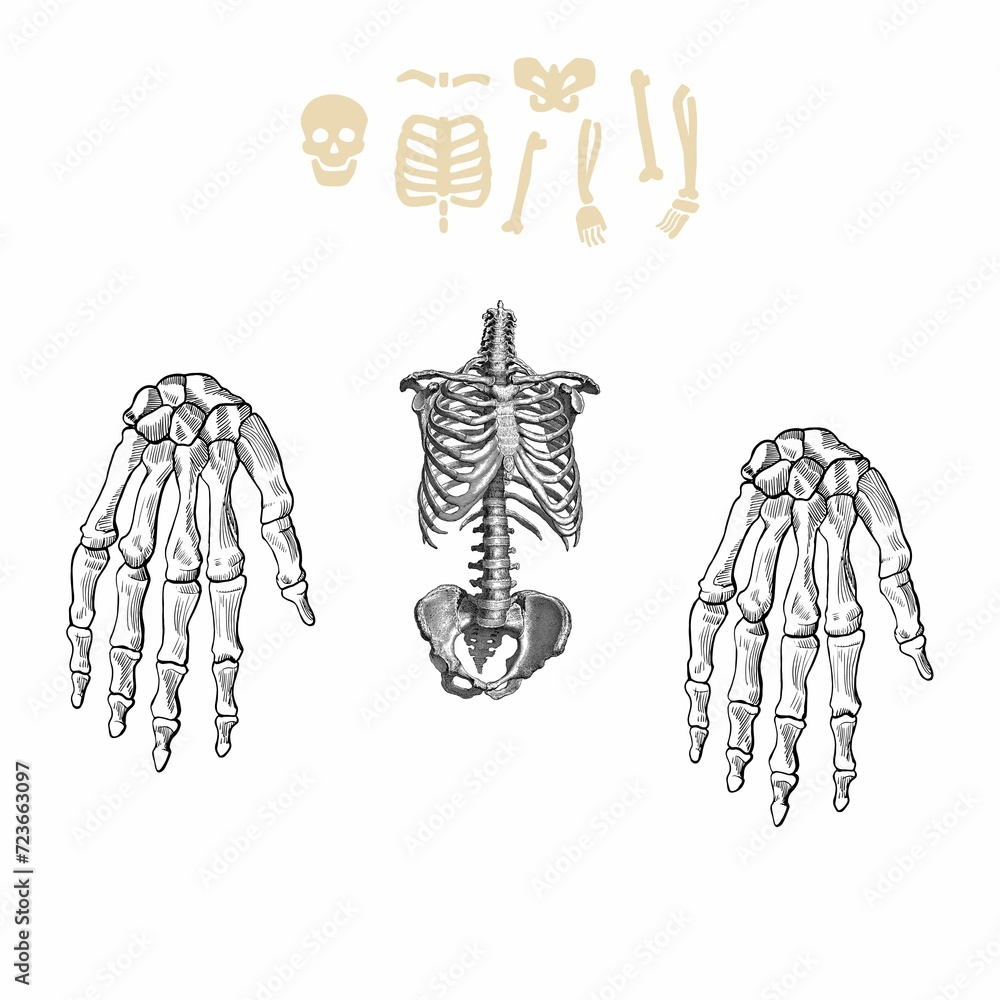 Human anatomy drawing monochrome set with skeletons and single bones ...