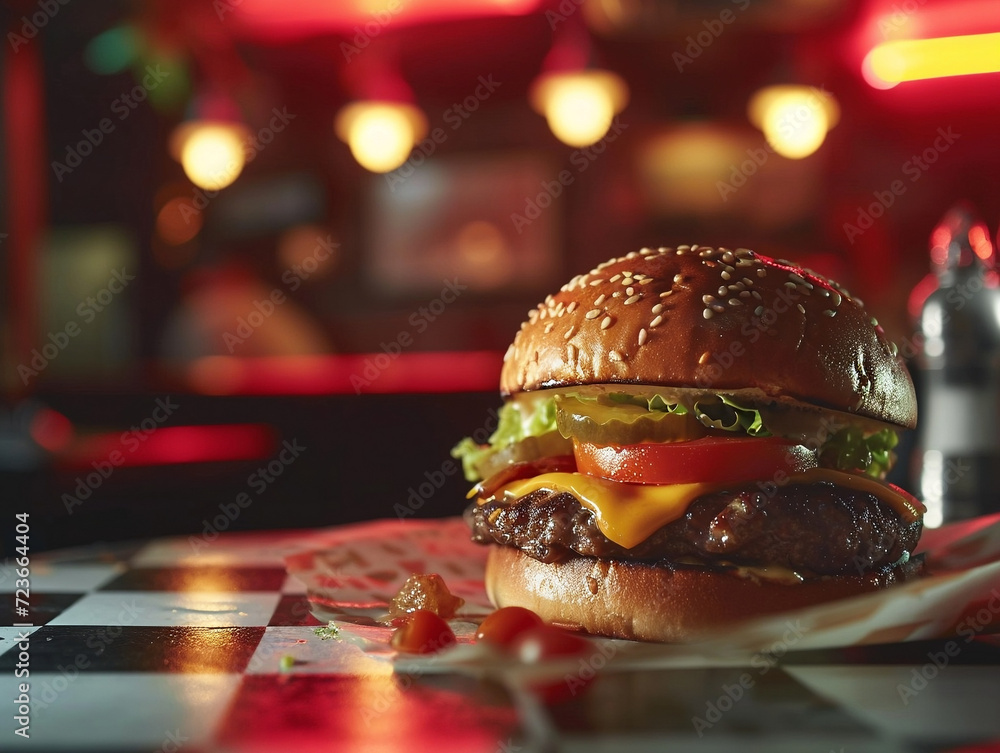 Vintage-style Hamburger on the Table in a Retro Background give off a ...