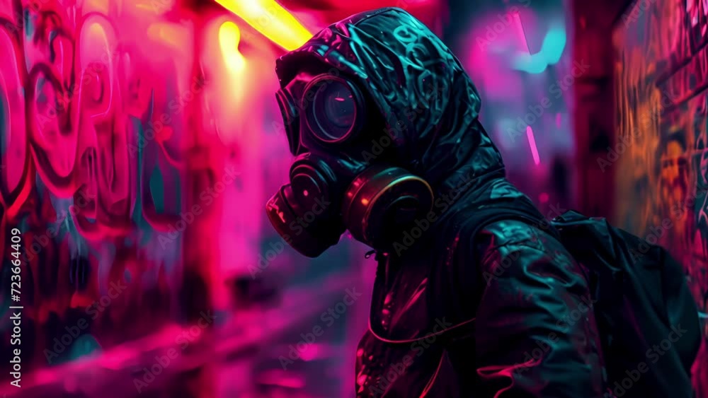 Vidéo Stock A mysterious figure adorned with a neon gas mask and ...