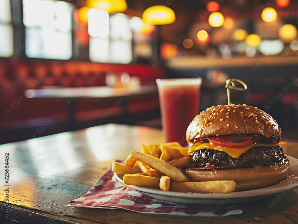 Vintage-style Hamburger and Fries in a Retro Background Give Off a 50s ...