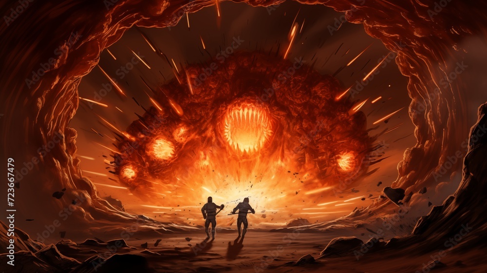 two humans standing near an explosion in the cave. Digital concept ...