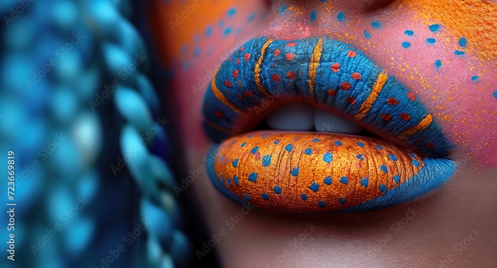 lip painted with tatreez tattoo of Fashion model woman. Beauty and ...