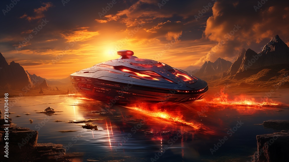 The alien ship landed on the water, leaving fiery traces on the water ...