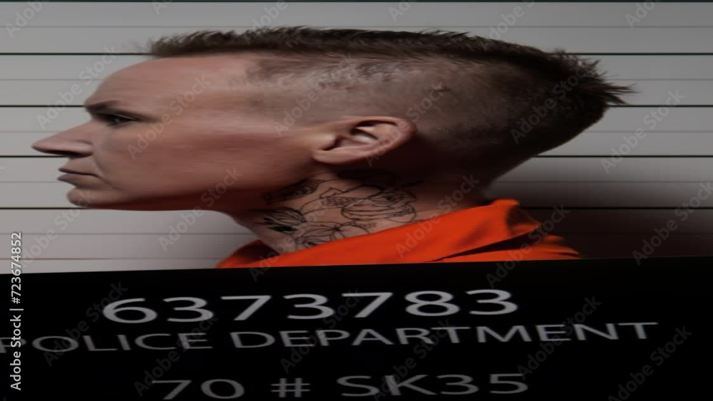 Vertical shot of female criminal in orange jail uniform holding sign ...