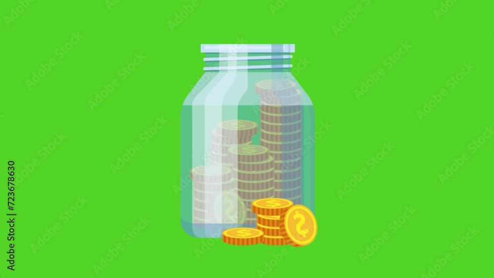 2D animation of stacks of a gold coin with doller sign in jaar on green ...