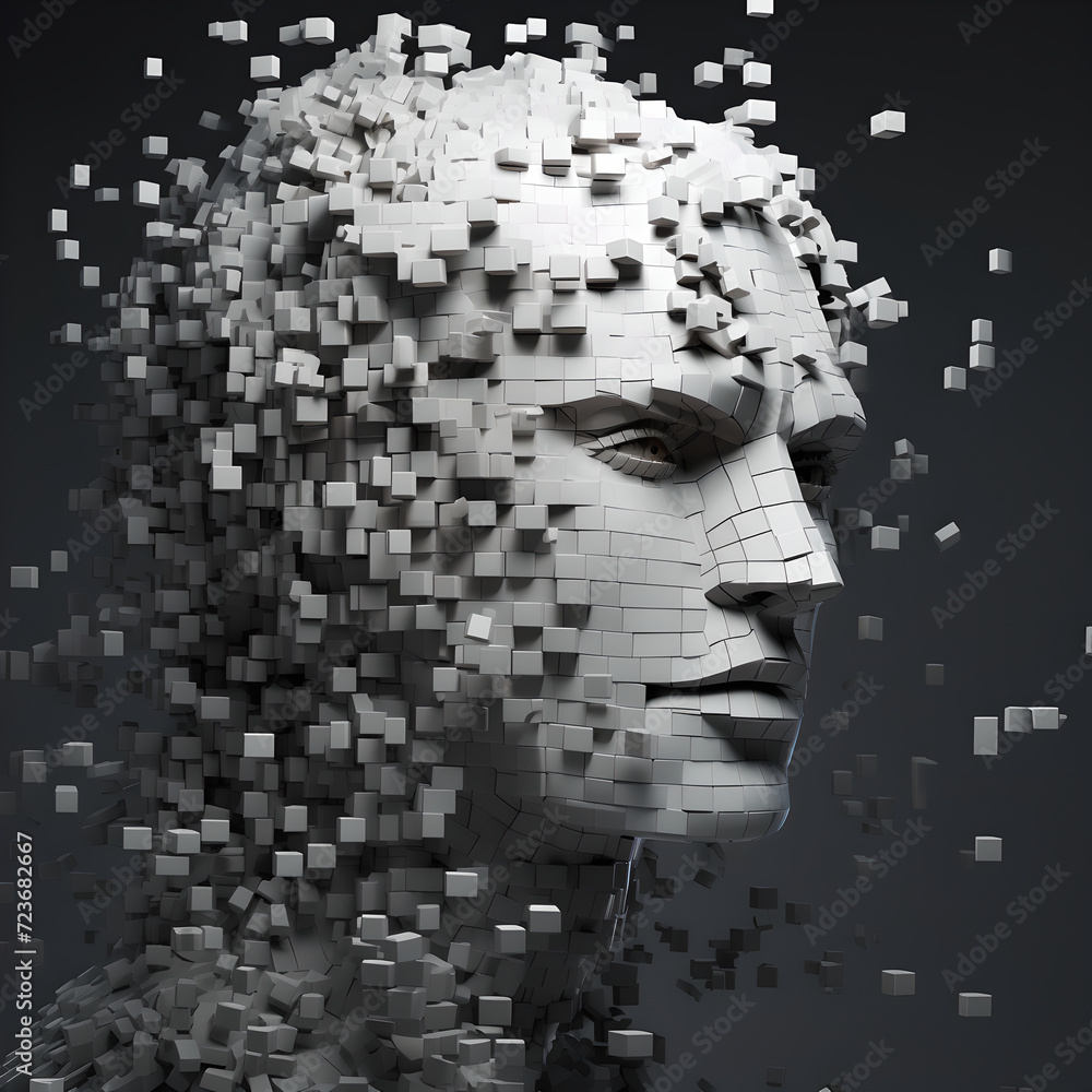 Virtual robot with a humanoid head, made from particles cubes, Cyber ...