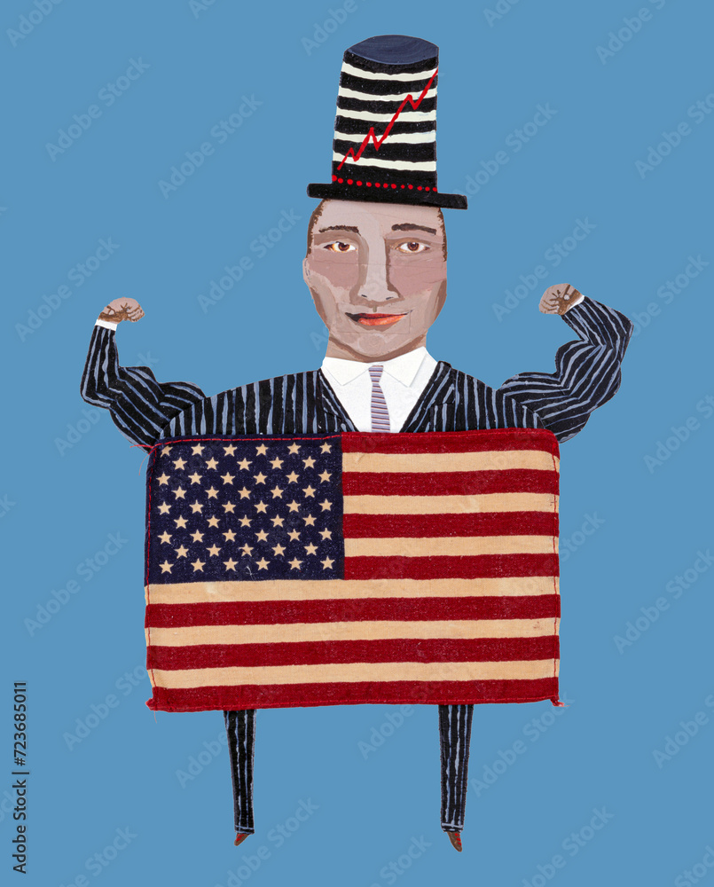 Cartoon style collage illustrating patriotic strong man with american ...