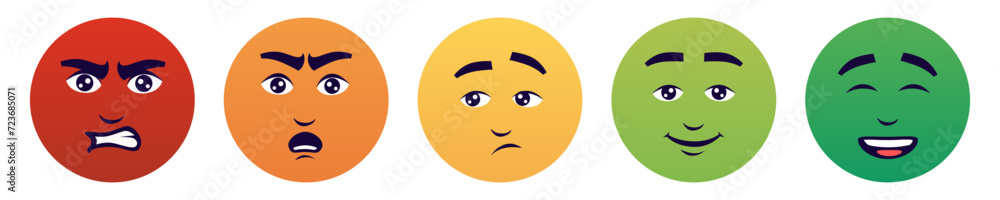Funny round faces emotions set. Color characters with red anger and ...