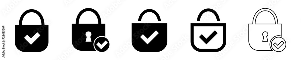 Pad lock check mark icon line and solid. Locker tick protection icon ...