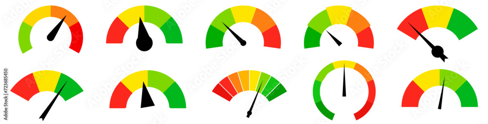Round color scale indicator with arrow set. Dashboard gauge with dial ...