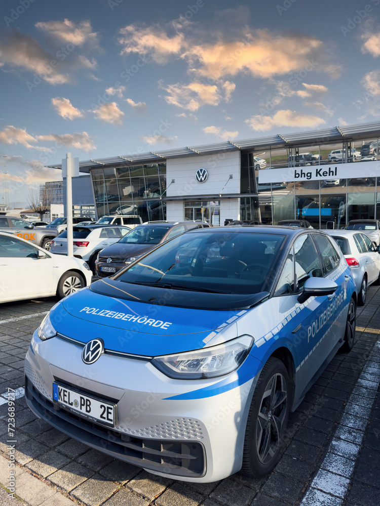 Kehl, Germany - Jan 9, 2024: A modern electric Volkswagen police car ...