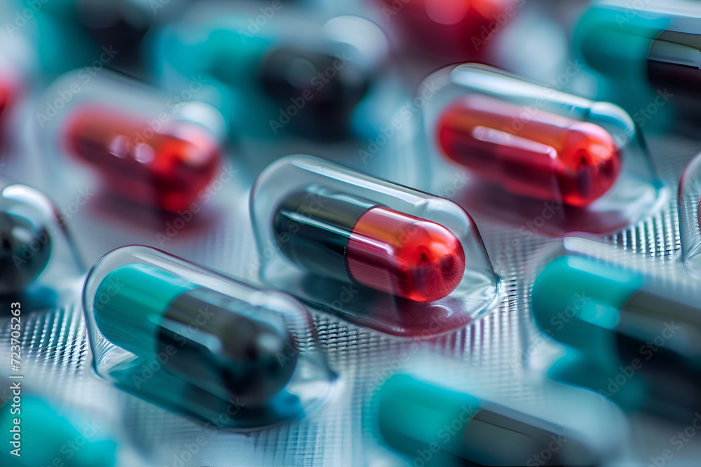 Selective focus blue-green capsule pill and drug tray with red-black ...
