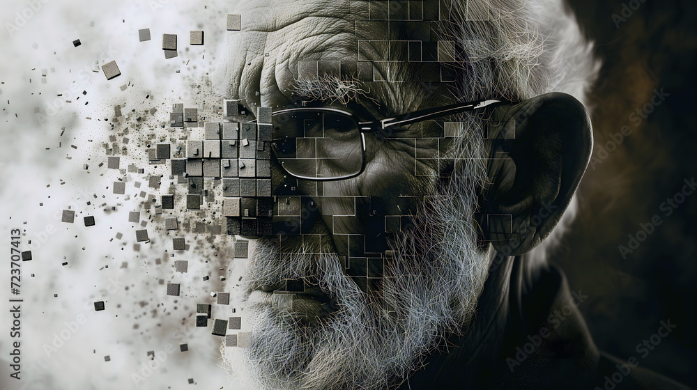 Elderly man's face dissolving into pixels, metaphor for digitized ...
