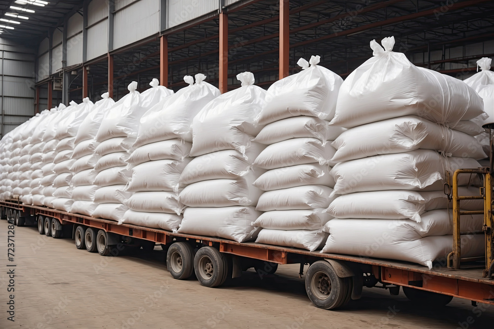 Stocks of urea chemical fertilizers in large bags are loaded onto ...