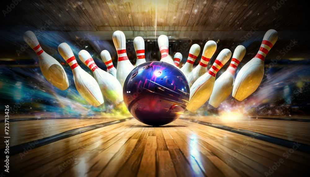 Close-up of a bowling ball hitting pins scoring a strike, bottom view ...