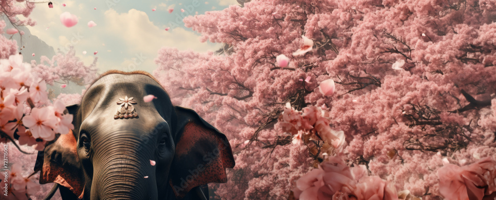 An ornate elephant stands amidst cherry blossoms, a powerful symbol of ...
