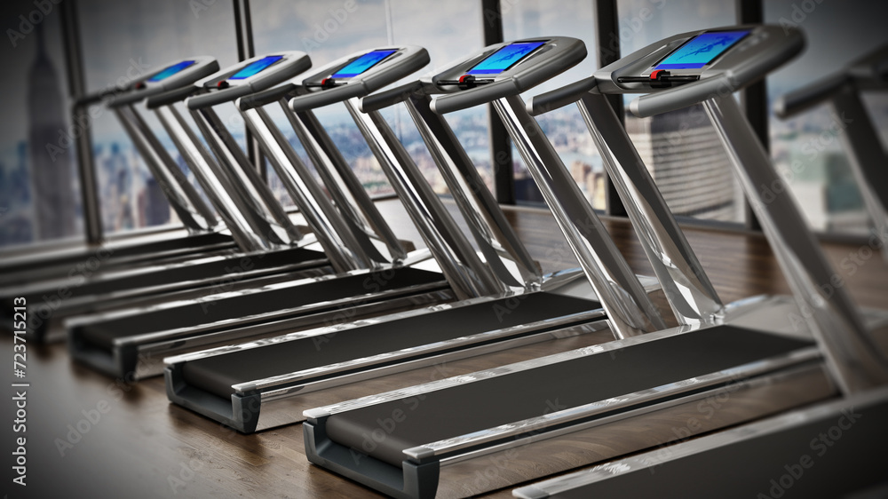 Treadmills inside a sports center in upper floors. 3D illustration ...