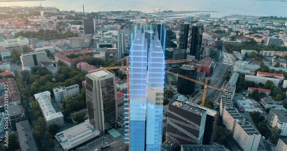 Aerial Drone Footage with VFX Concept of Building Construction: City ...