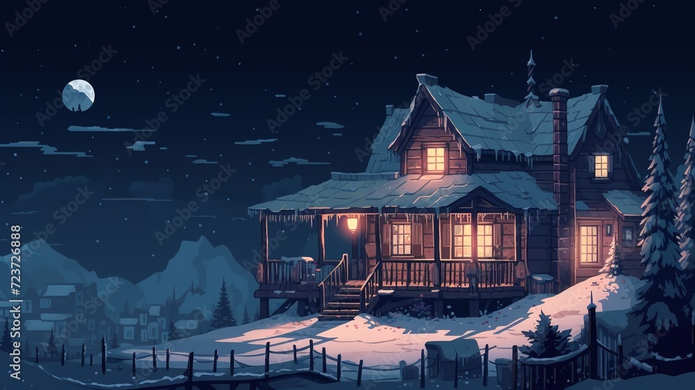 snow cozy cabin pixel art Stock Illustration | Adobe Stock