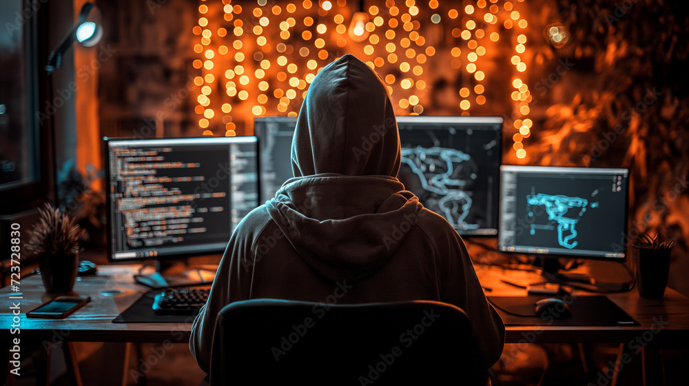 person in a hoodie is working on a computer with multiple screens, showing code and diagrams, in ...